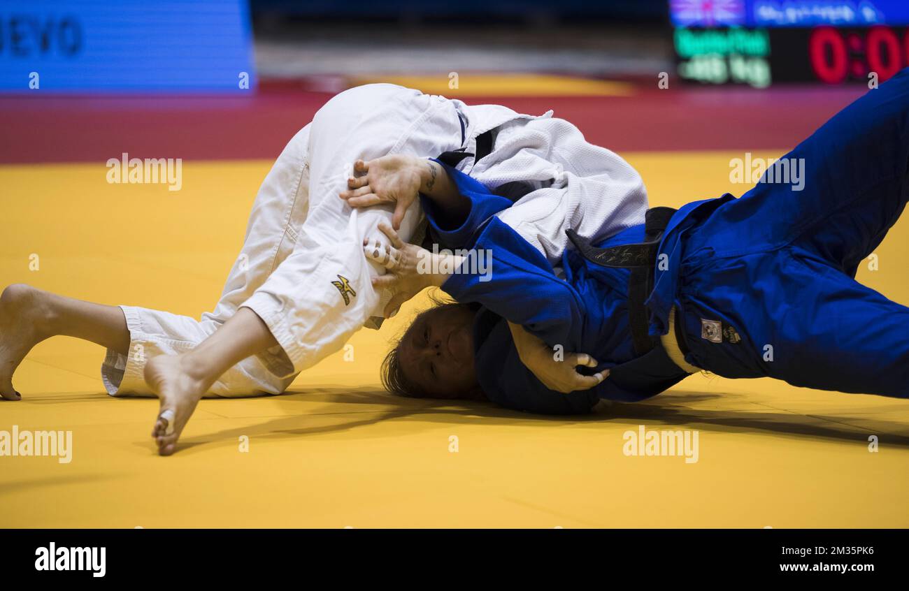 Belgian Eveline Delbaen pictured in action in the -57kg at the European ...