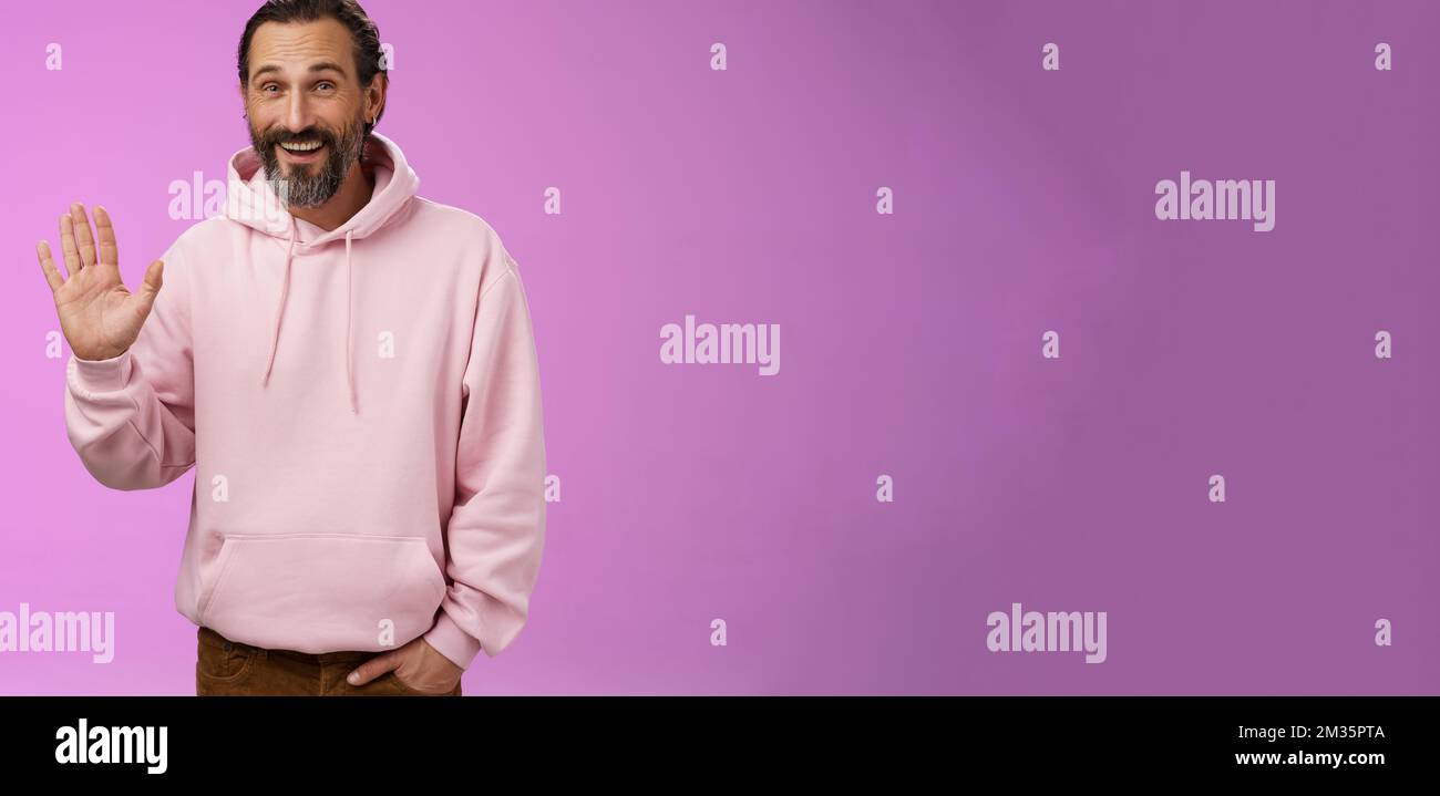 Cheeky charismatic funny happy smiling mature man bearded grey hair in ...