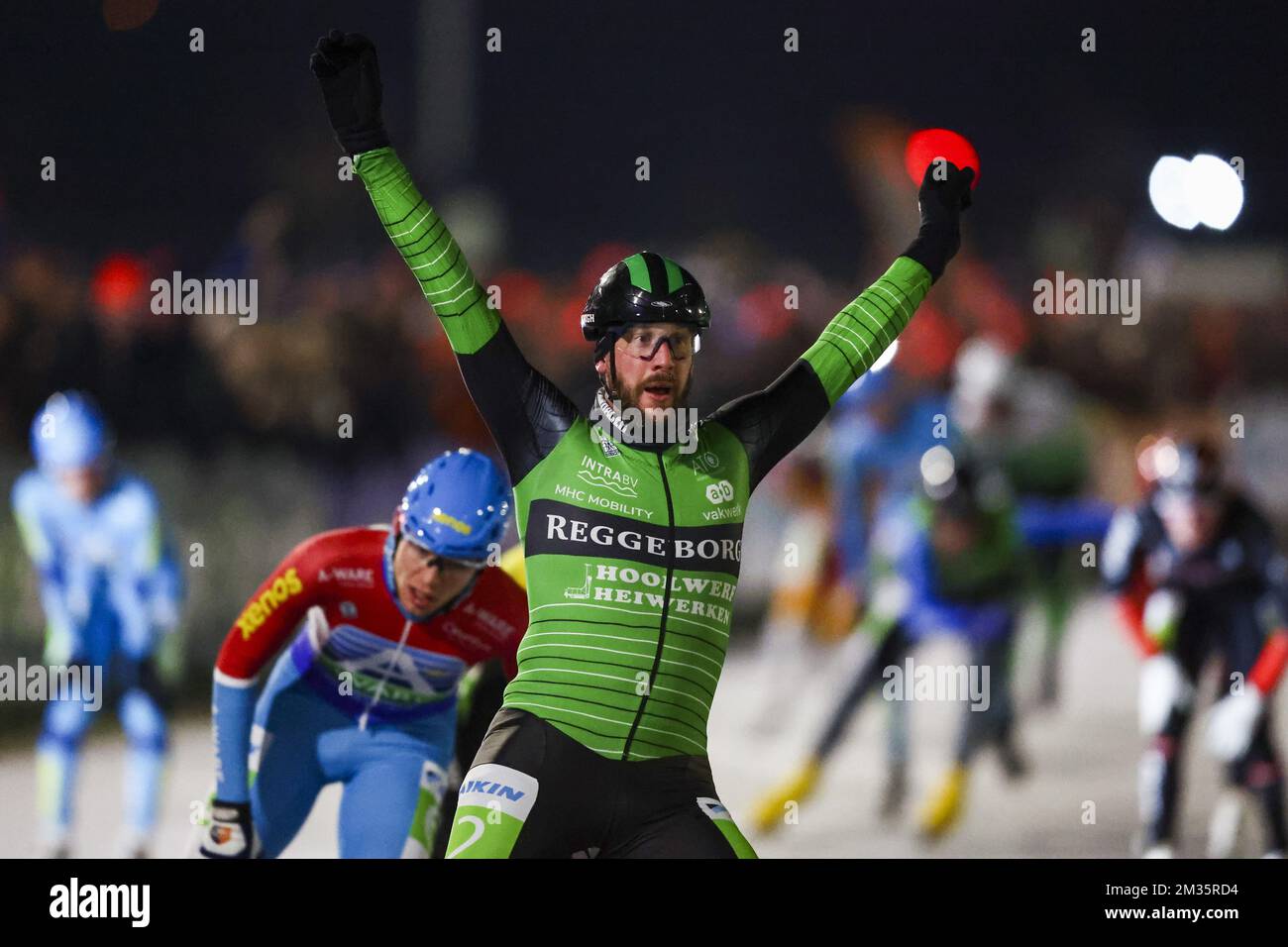 BURGUM - Gary Hekman cheers after winning the race of the men's peloton ...