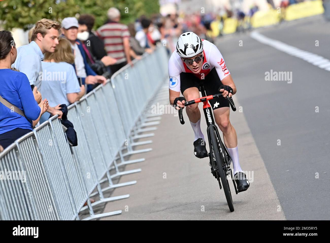 Swiss Mauro Schmid pictured in action during the men U23 road race on the sixth day of the UCI ...