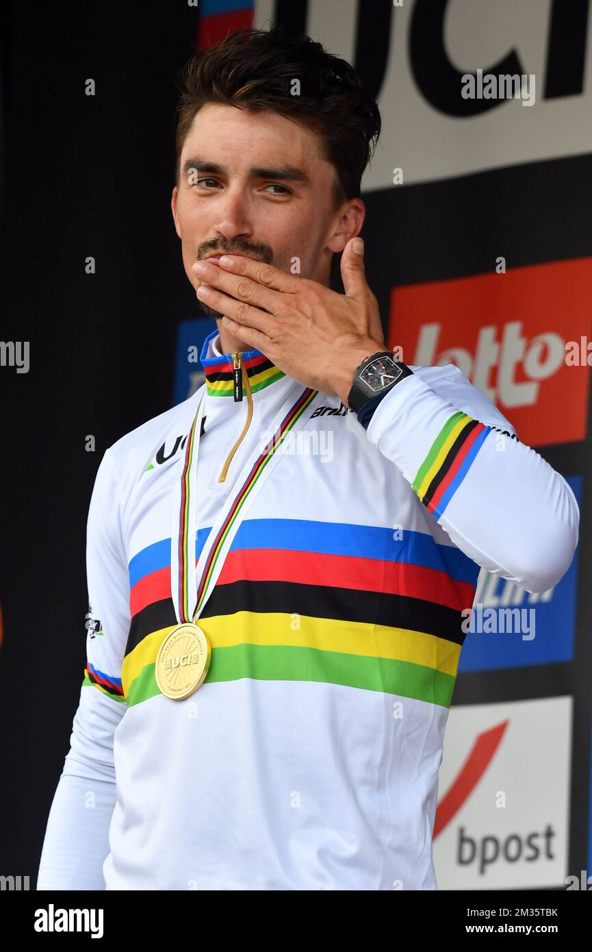 French Julian Alaphilippe celebrates on the podium after winning the ...