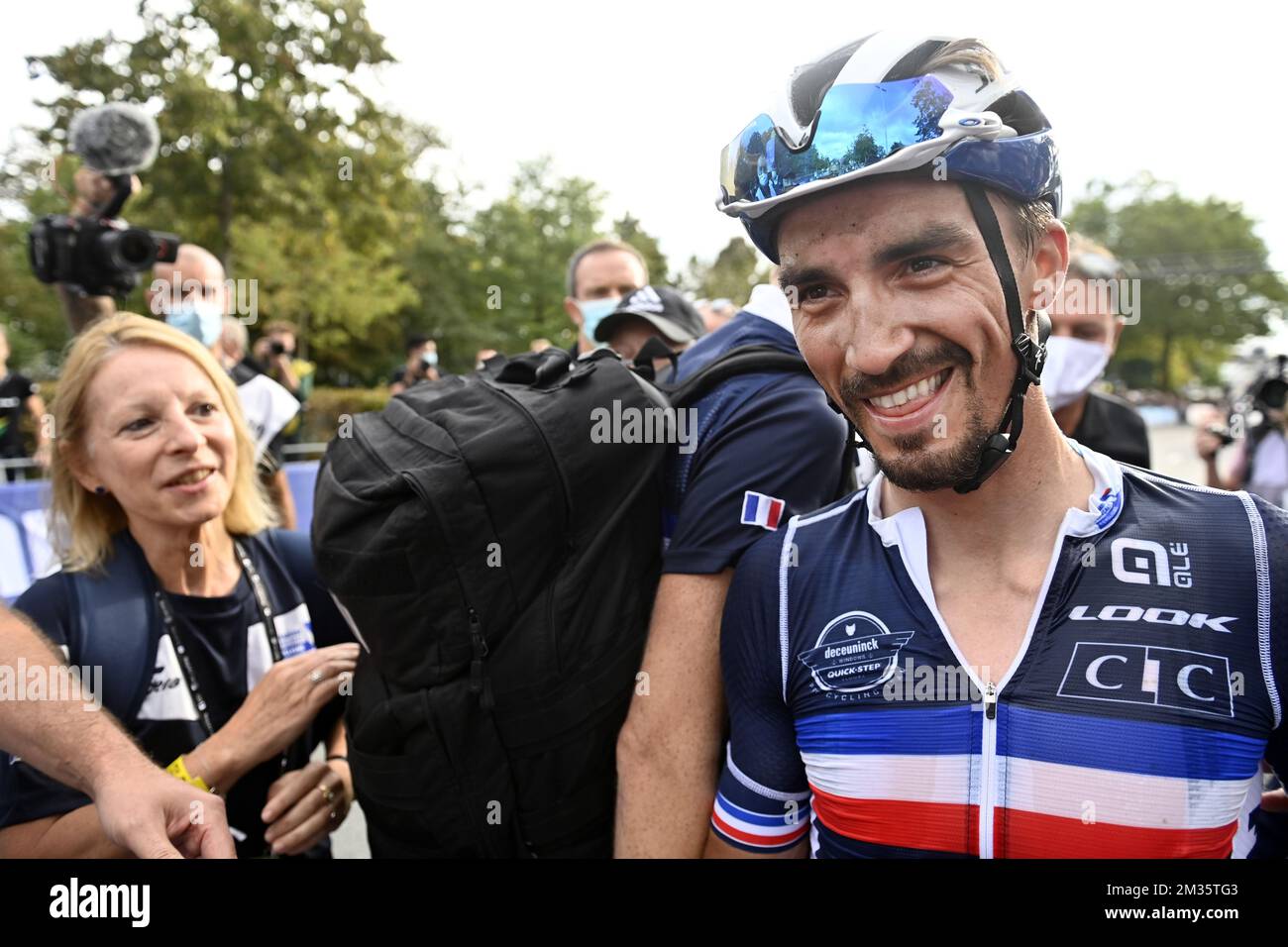 French Julian Alaphilippe celebrates after winning the elite men road ...