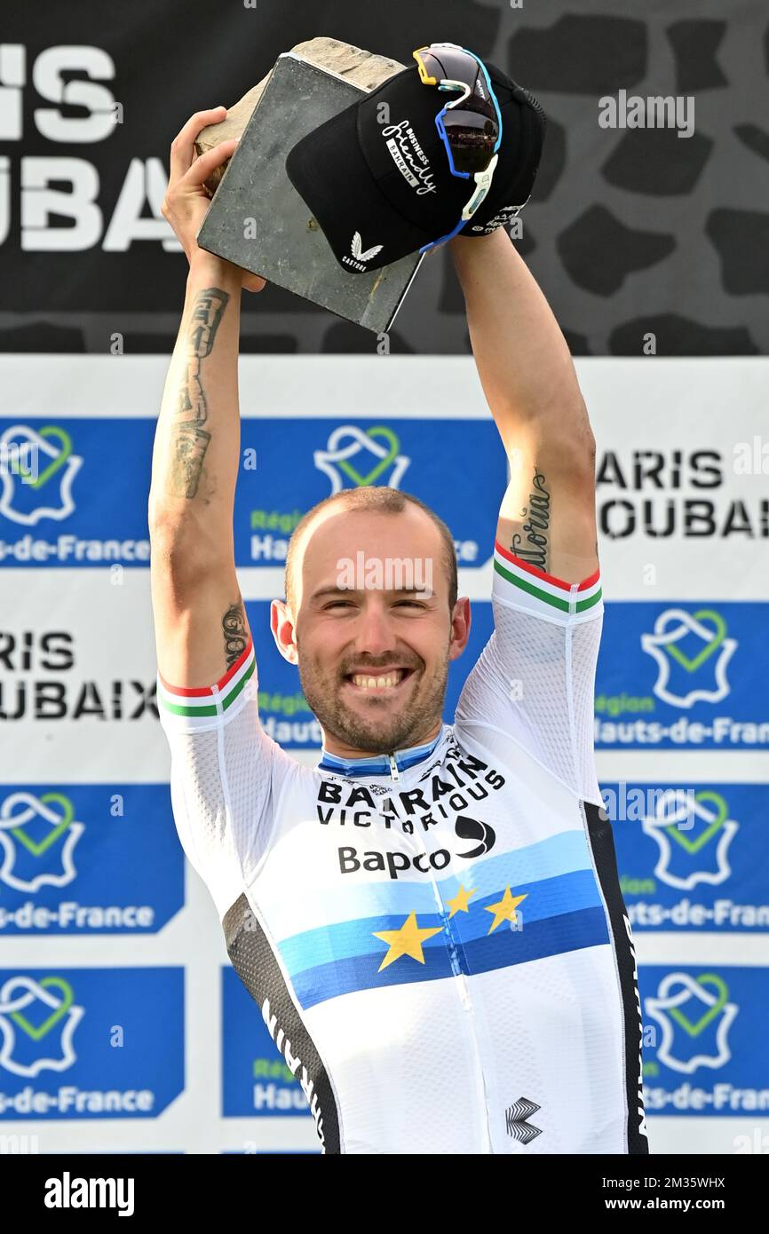 Italian Sonny Colbrelli of Bahrain Victorious celebrates on the podium ...