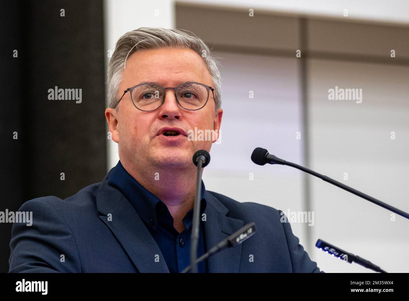 Professor Carl Devos delivers a speech at the opening lecture of the ...