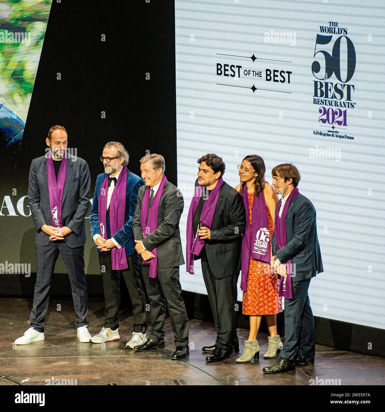 Previous winners of the 50 Best award are seen on stage during the ...