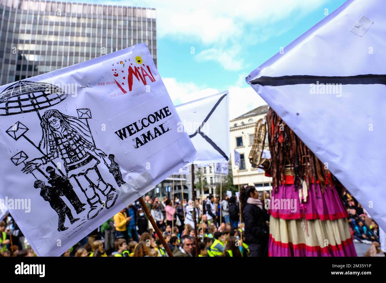 Illustration picture shows a sign that says 'Welcome Amal', as Giant ...
