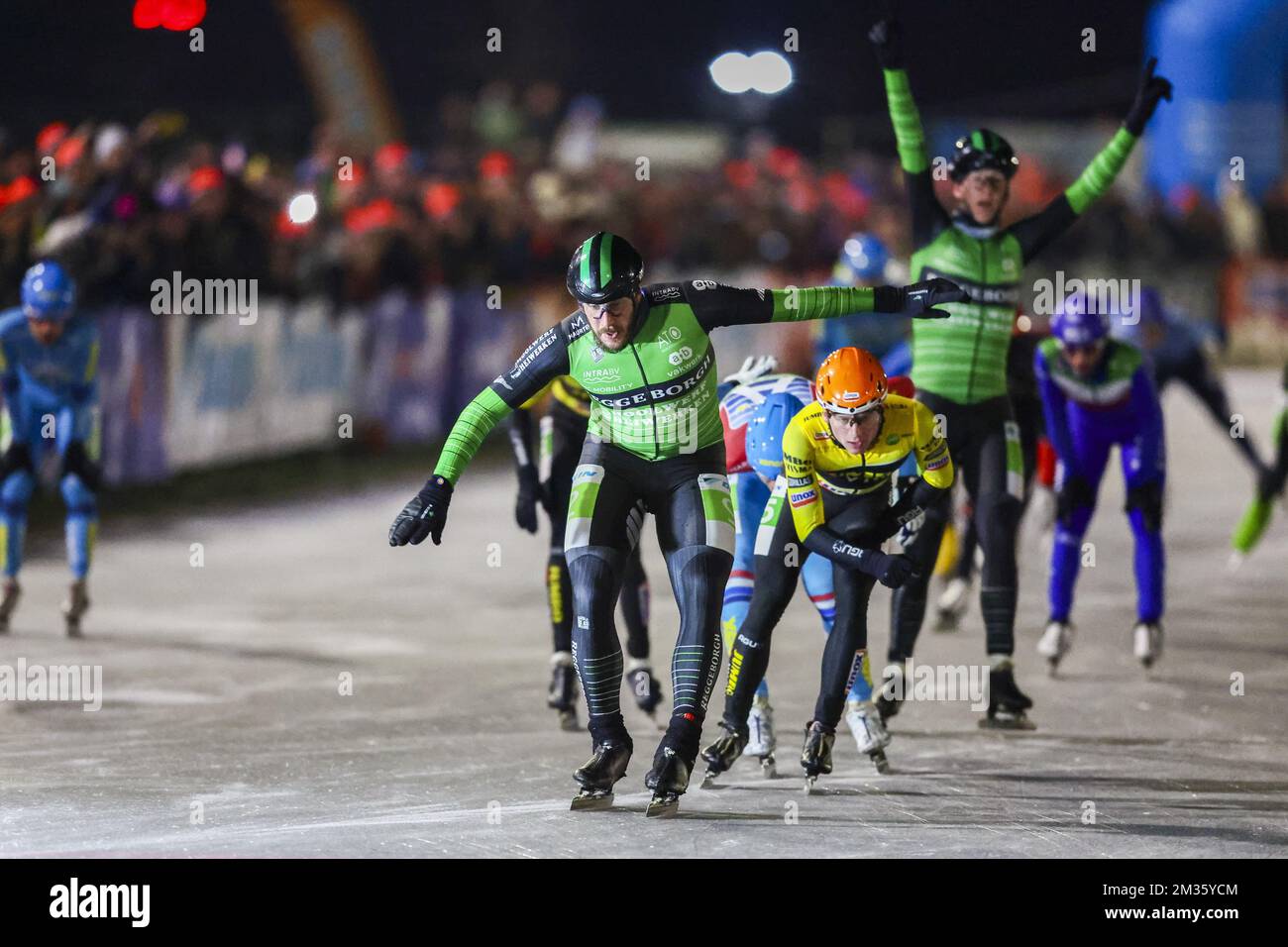 BURGUM - Gary Hekman cheers after winning the race of the men's peloton ...