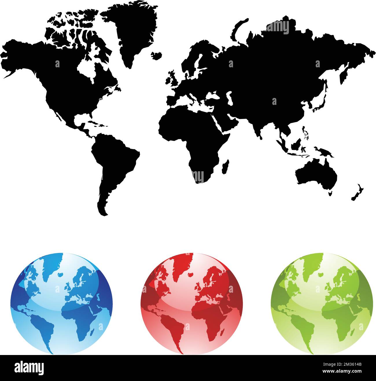 Black World Map and Colorful Globes isolated on a White Background ...