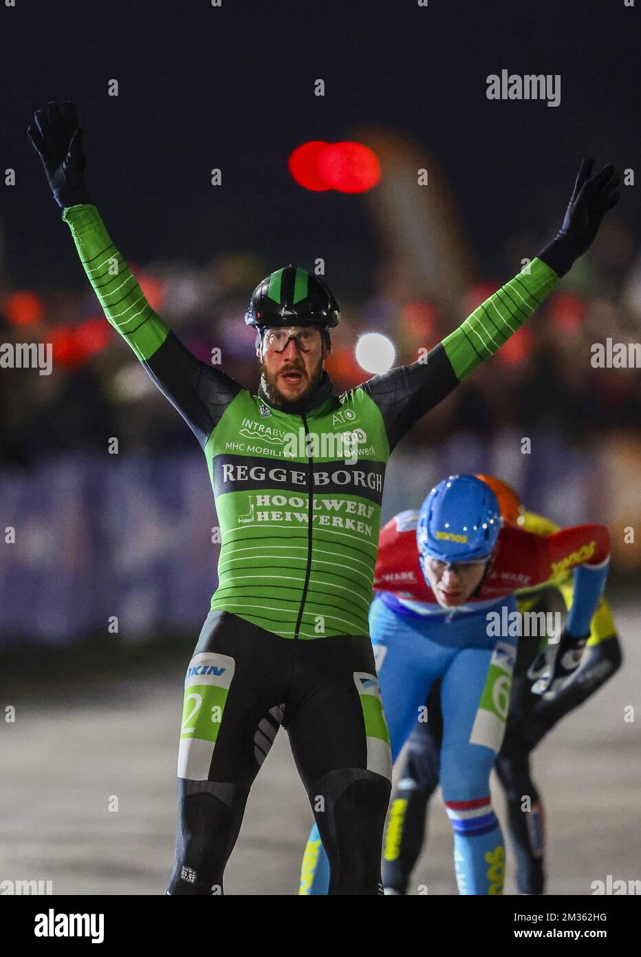 BURGUM - Gary Hekman cheers after winning the race of the men's peloton ...