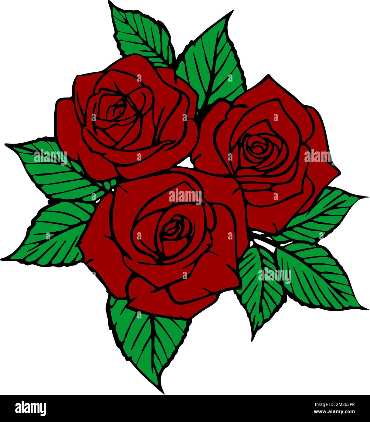 color drawing of a bouquet of three red roses with a black outline on a ...