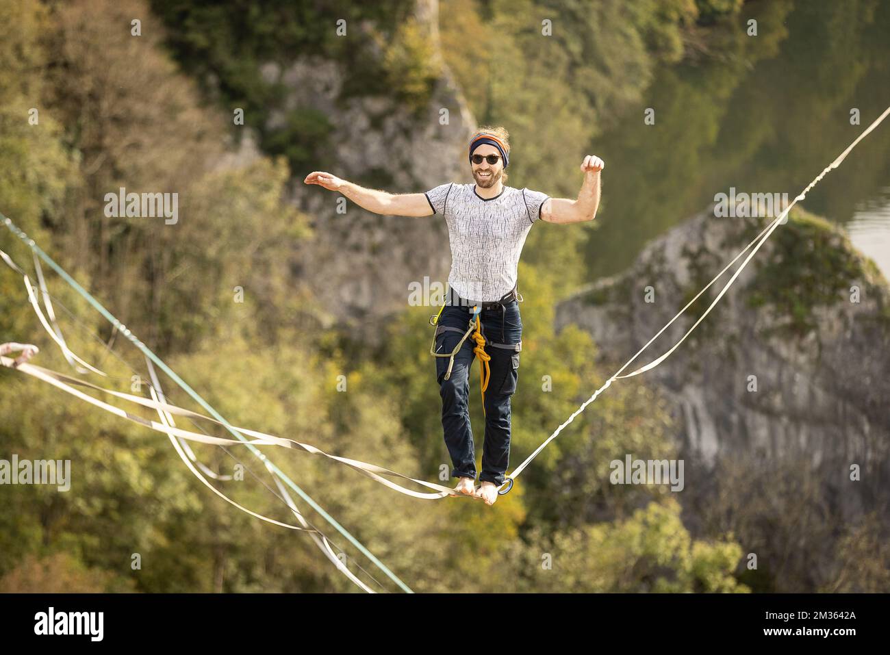 Highliner Tom Boegler pictured during the Belgian highline record ...