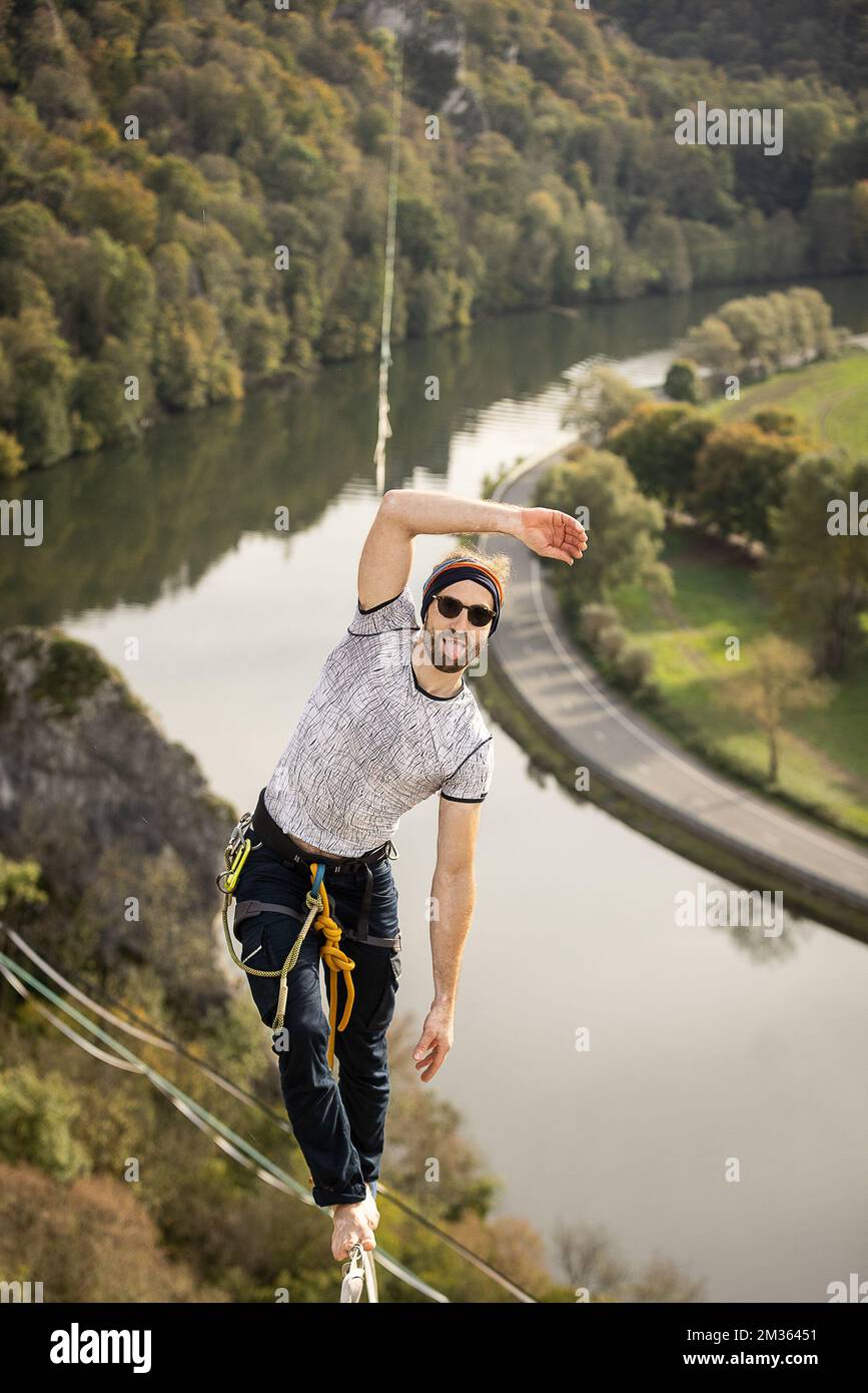 Highliner Tom Boegler pictured during the Belgian highline record ...