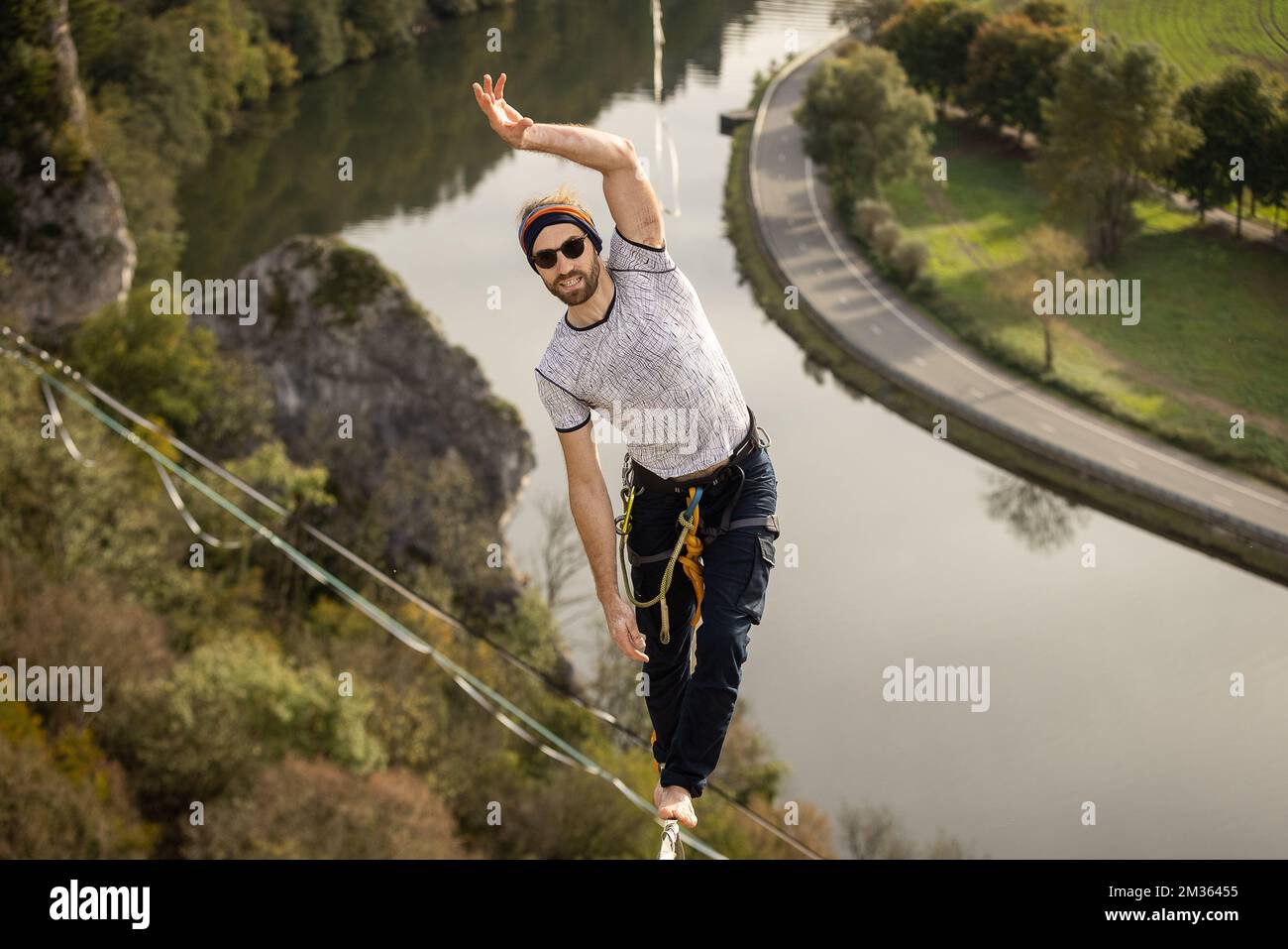 Highliner Tom Boegler pictured during the Belgian highline record ...