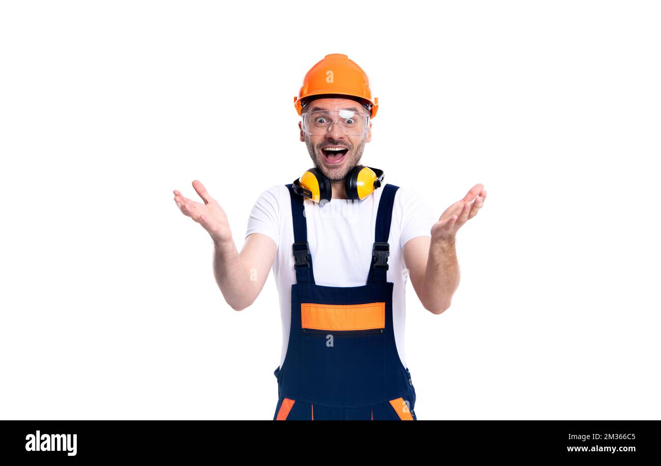 photo of surprised workman man. workman man isolated on white ...