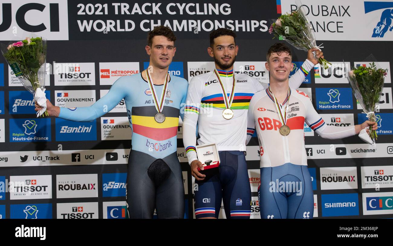 L-R, second Belgian Tuur Dens, winner French Donovan Grondin and third ...