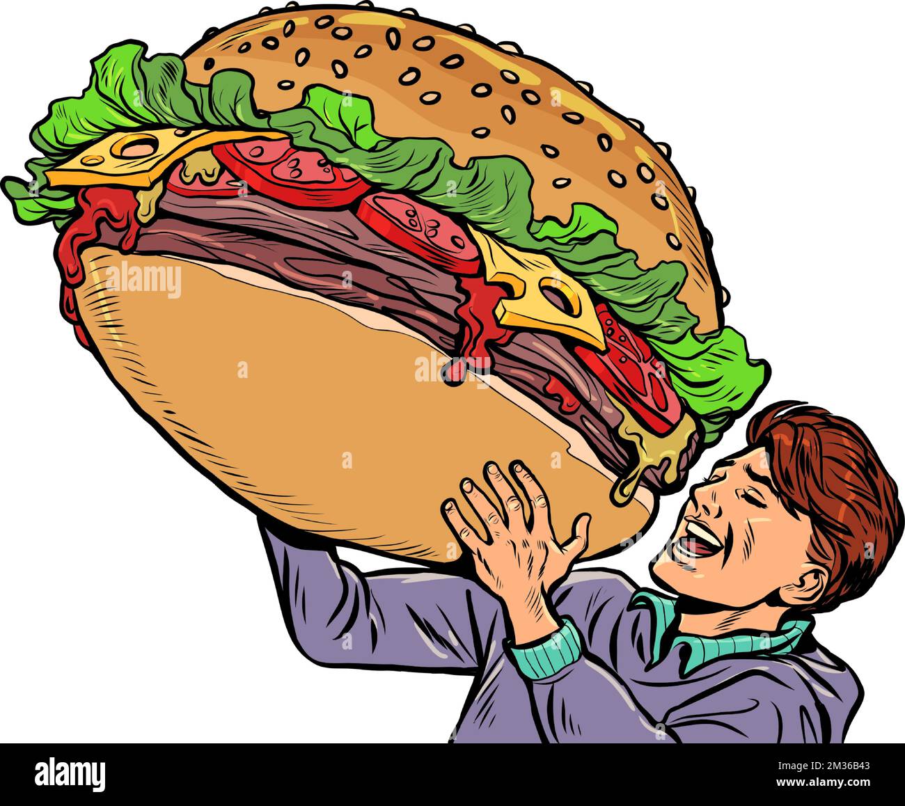 Joyful man and a huge burger. Street food fast food. Hungry man ...