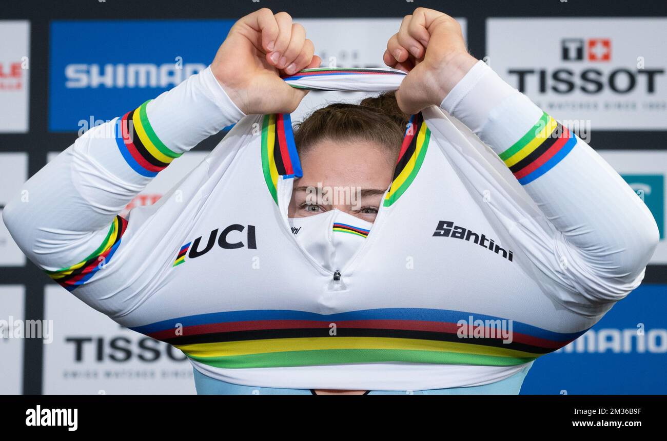 Belgian Lotte Kopecky, winner of the gold medal pictured on the podium ...