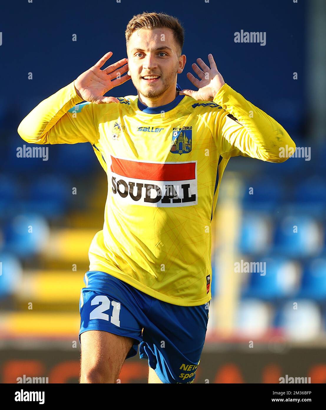 Westerlo's Erdon Daci celebrates after scoring during a soccer match ...