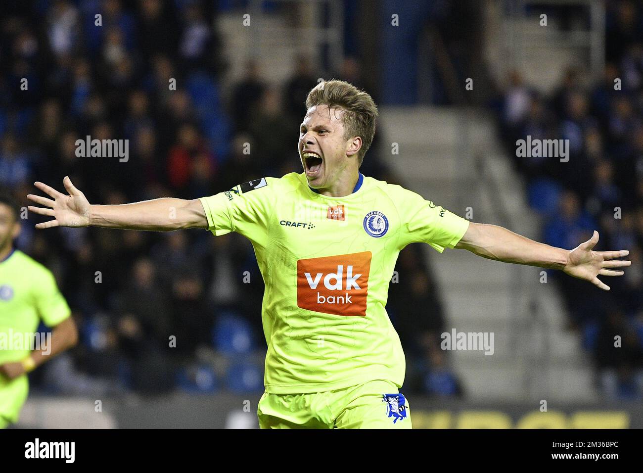 Gent's Matisse Samoise celebrates after scoring during a soccer match ...
