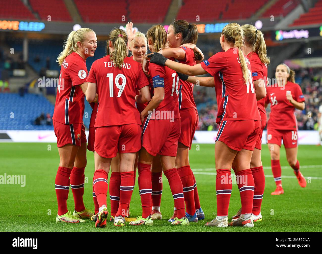 Norwegian players celebrate after scoring during a soccer game between ...