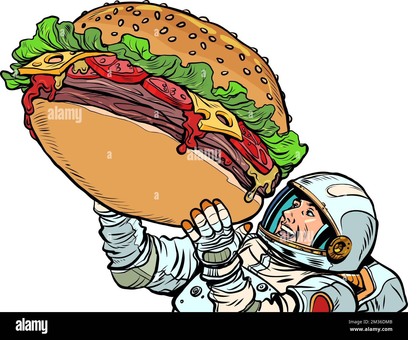 Joyful astronaut man and a huge burger. Street food fast food. Hungry ...