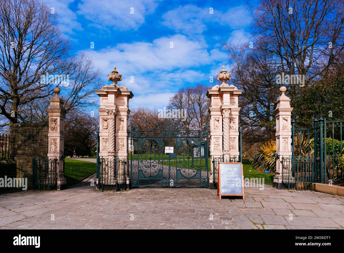 Terracotta pillars and park gates. Weston Park is a public park with an ...
