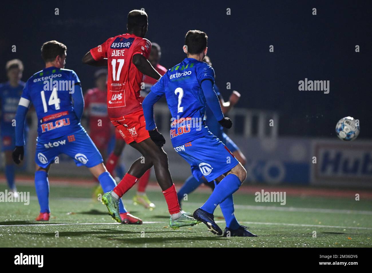 Knokke's Simon Savaete, Kortrijk's Pape Habib Gueye and Knokke's Ruben Vanraefelghem pictured in ...