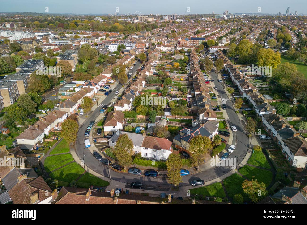 Aerial view of residential semi-detached housing in Hanwell, west ...