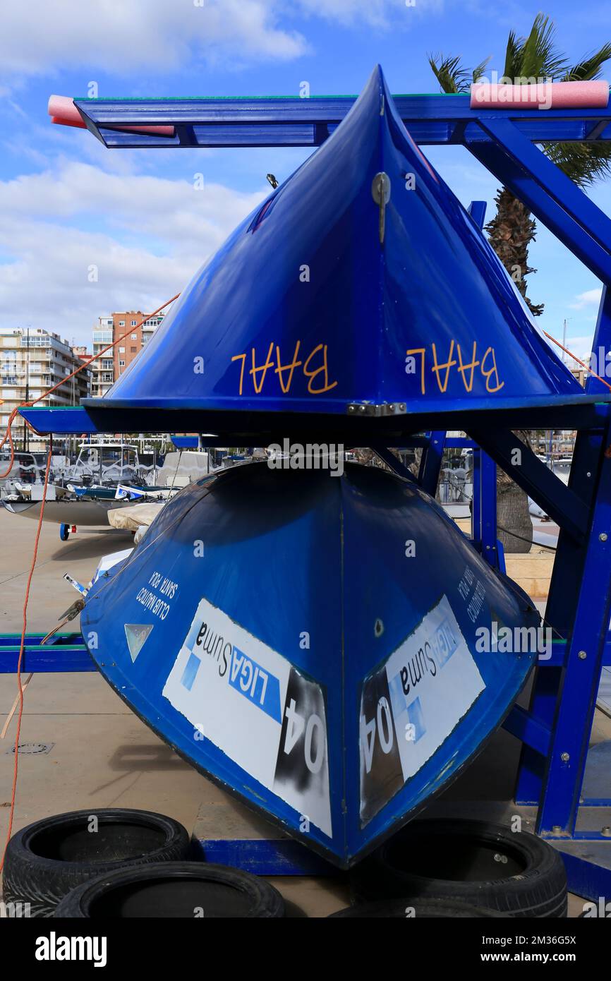 Santa Pola, Alicante, Spain- December 13, 2022: Rowing boats in the ...