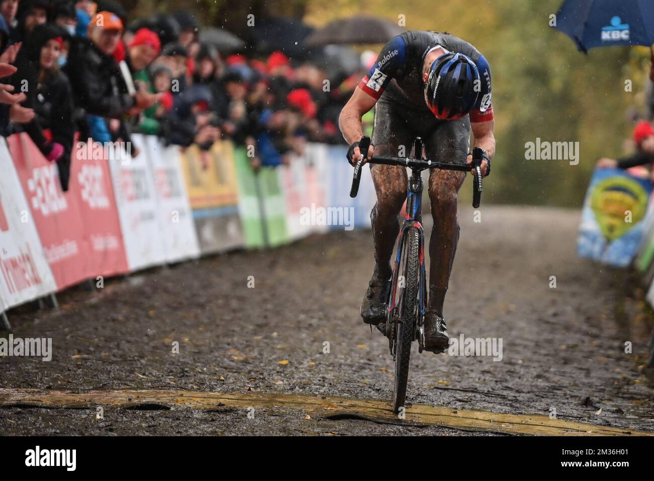 Belgian Toon Aerts crosses the finish line at the Koppenbergcross men ...