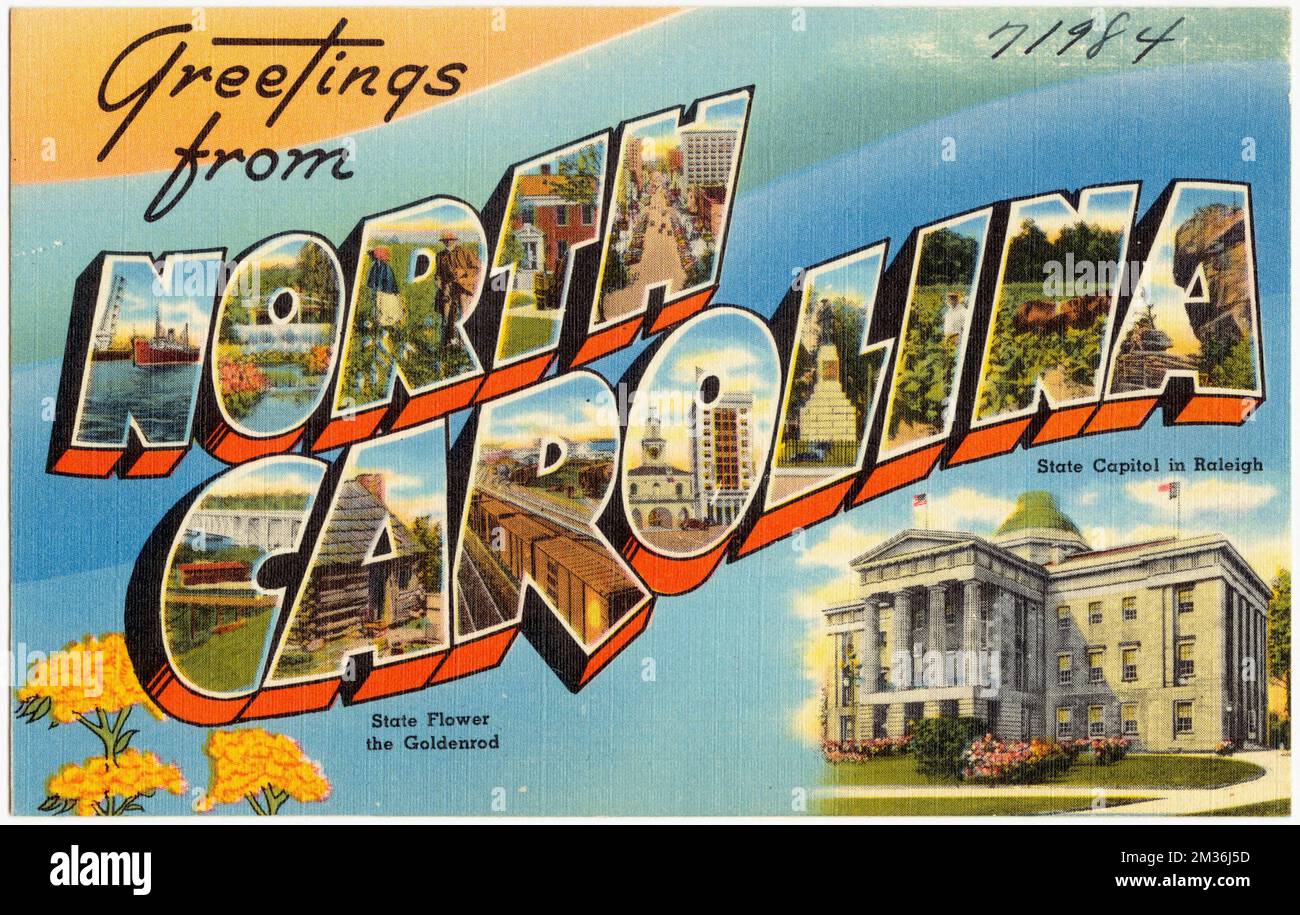 Greetings from North Carolina, state capitol in Raleigh, state flower ...