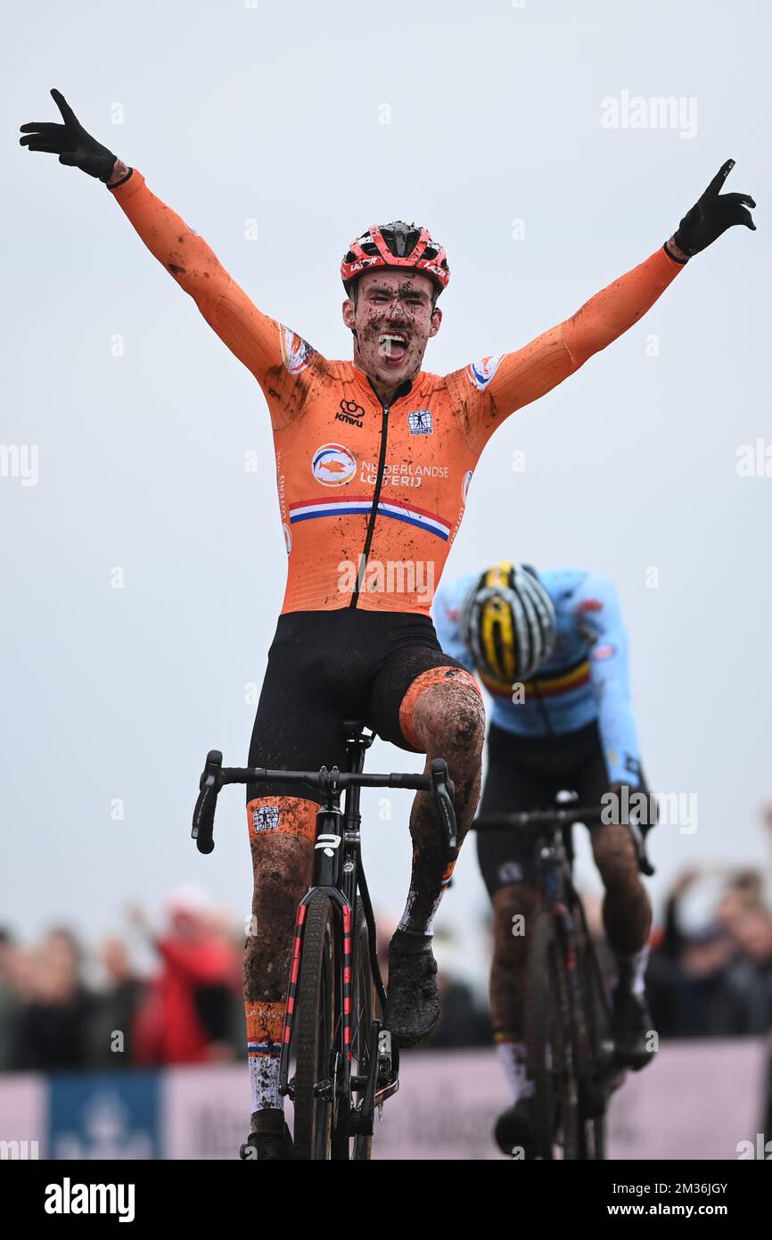Dutch Ryan Kamp, Belgian Thibau Nys and Belgian Niels Vandeputte sprint ...