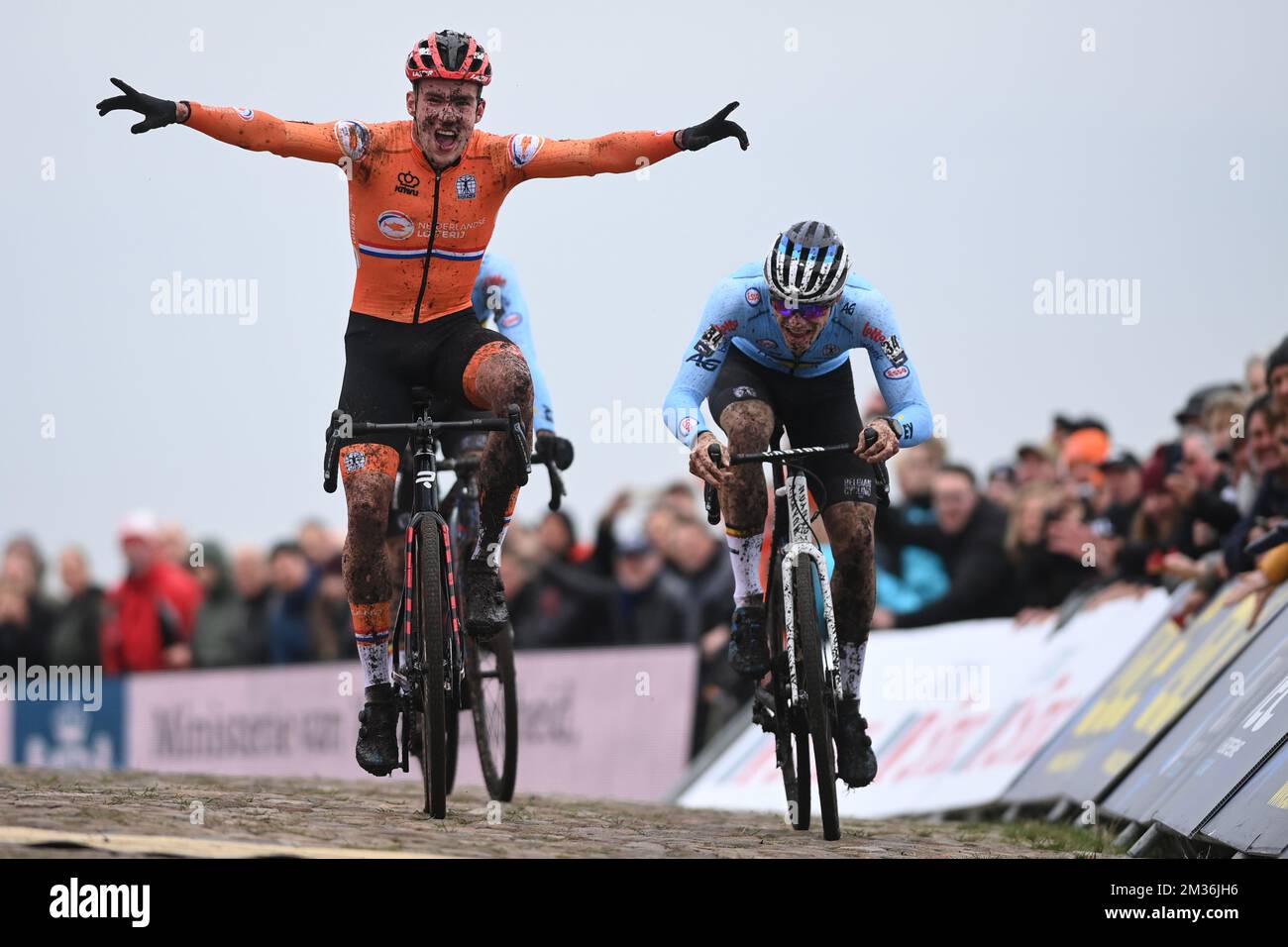 Dutch Ryan Kamp celebrates as he crosses the finish line to win the men ...