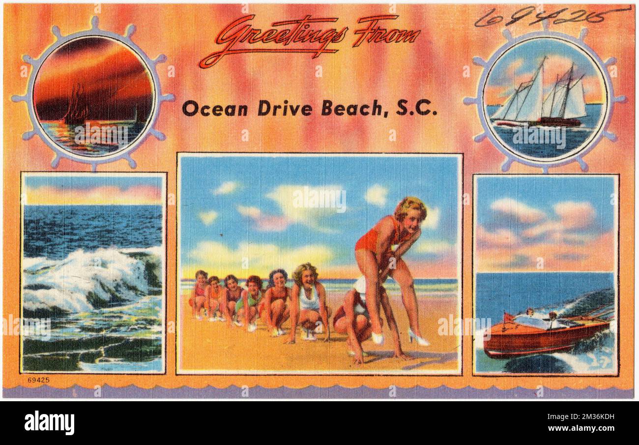 Greetings from Ocean Drive Beach, S. C. , Beaches, Boats, Ships, Seas, Tichnor Brothers ...