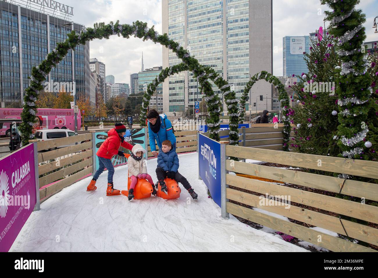 12-08-2022 Milan, Italy. skating rink next to central station in milan ...