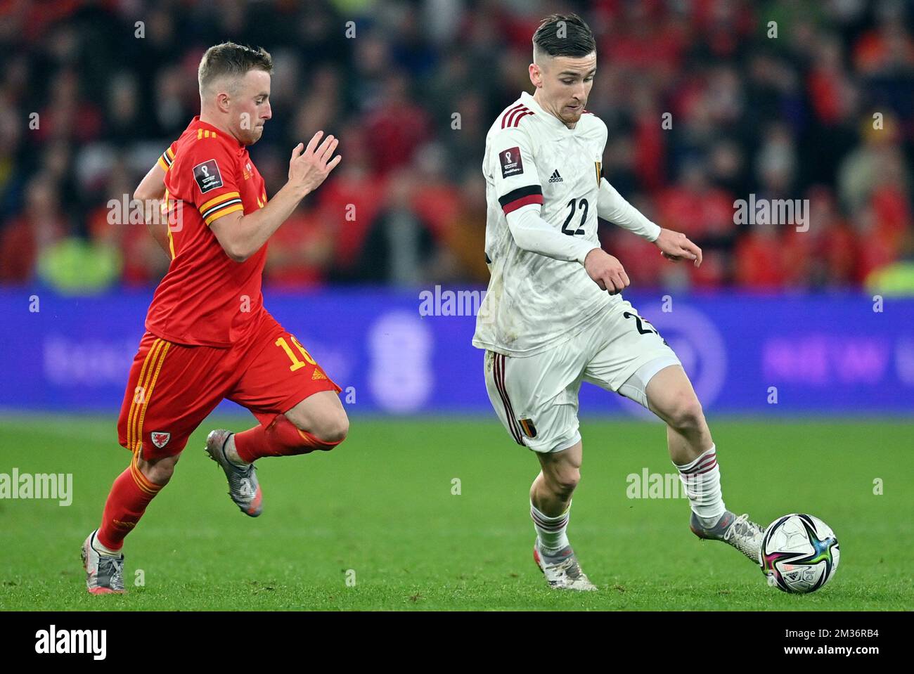 Belgium's Alexis Saelemaekers and Welsh Joe Morrell pictured in action ...