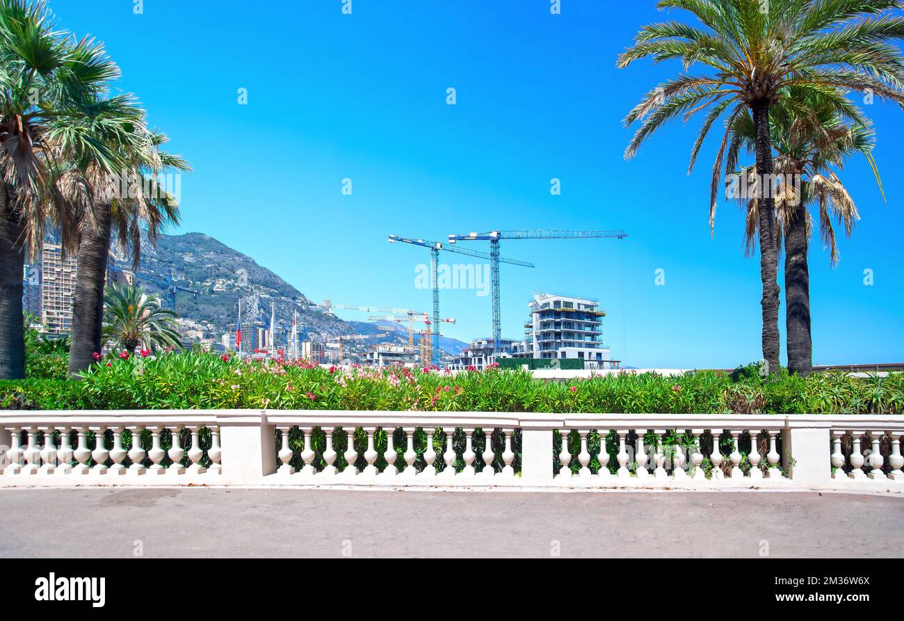 Monaco (Monte Carlo) cityscape with construction cranes and new ...