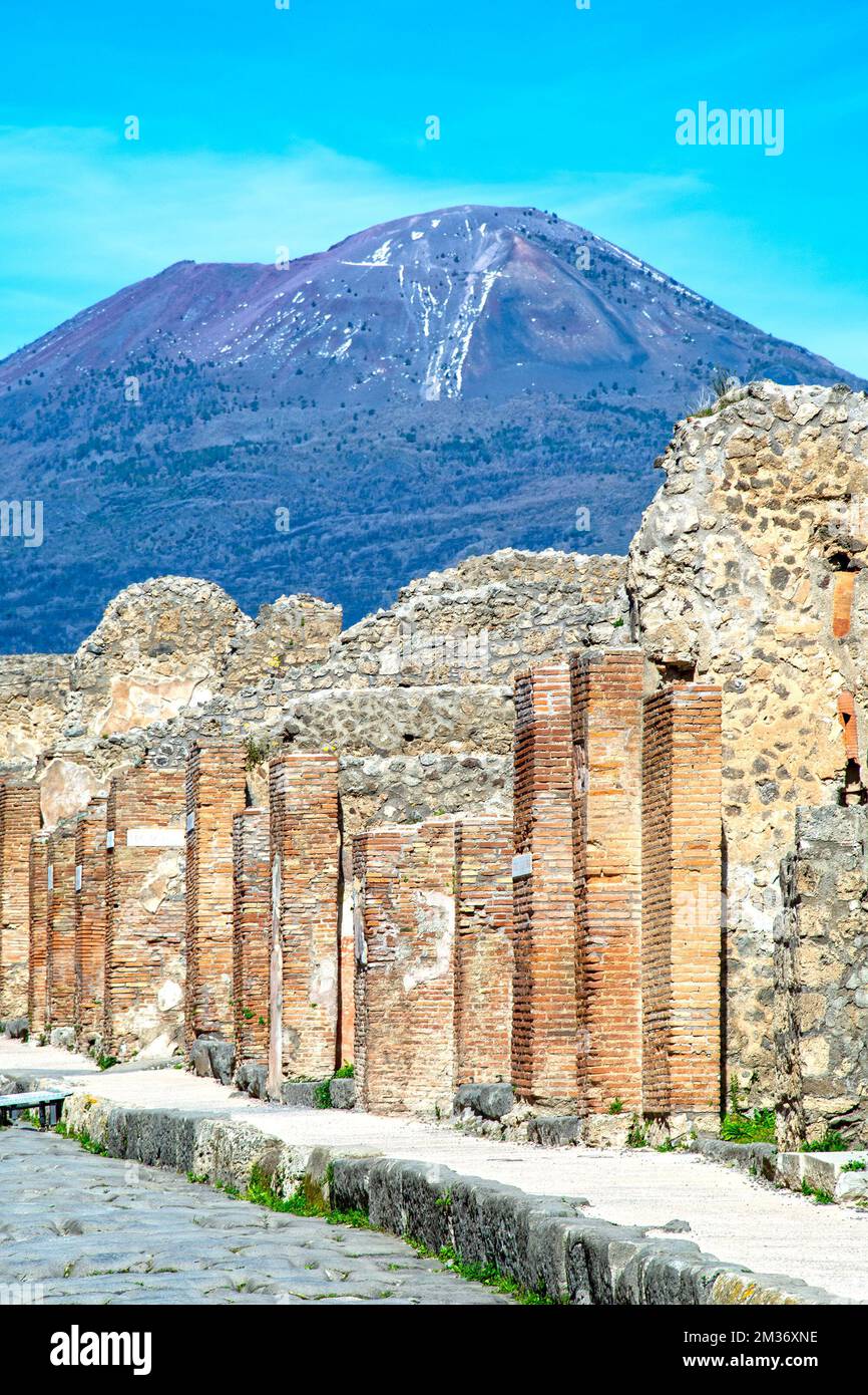 Street and buildings at the ancient Roman city of Pompeii, Italy. which ...