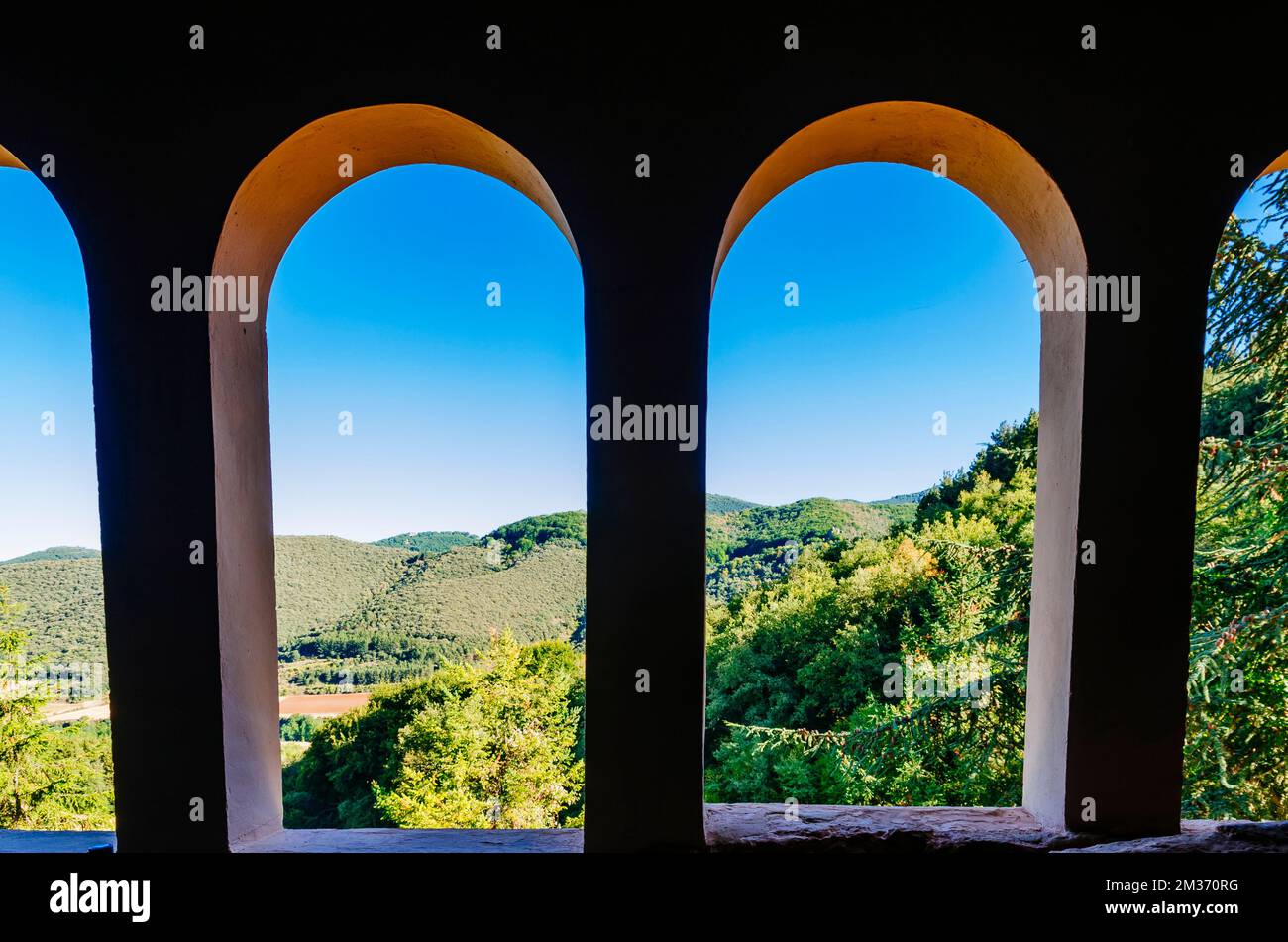 Views through the arches of the atrium. The San Millán Suso Monastery ...