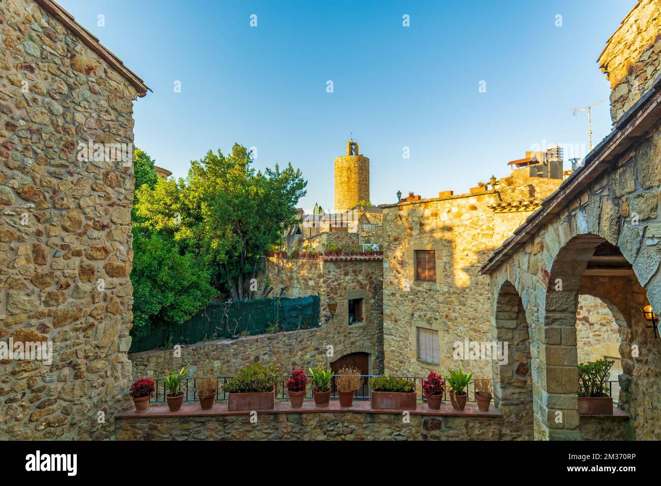Pals, medieval town in Catalonia, Spain, late evening light on summer ...