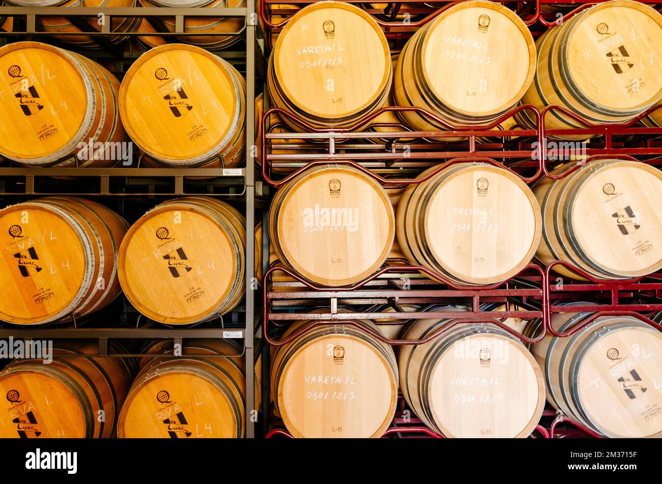 Stacked barrels. Compañía Vinícola del Norte de España, CVNE, is a ...