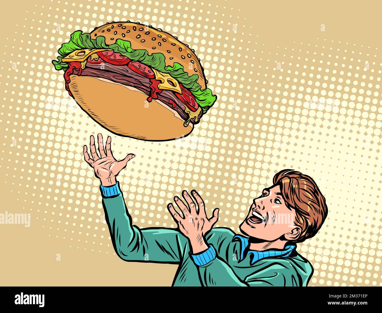 Joyful man and a huge burger. Street food fast food. Hungry man ...