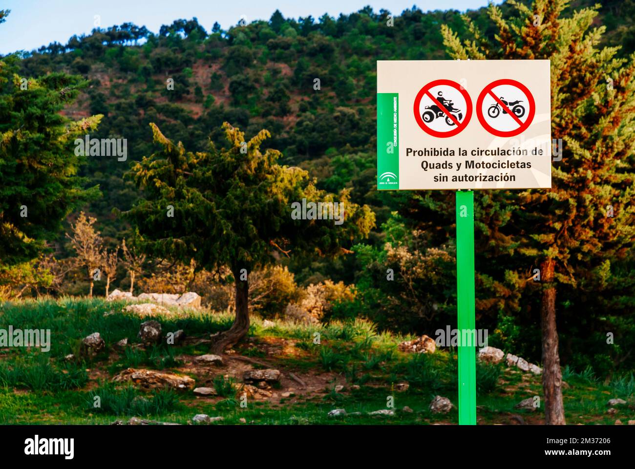 Road sign. Prohibited the passage of motorcycles and quads. Jaén ...