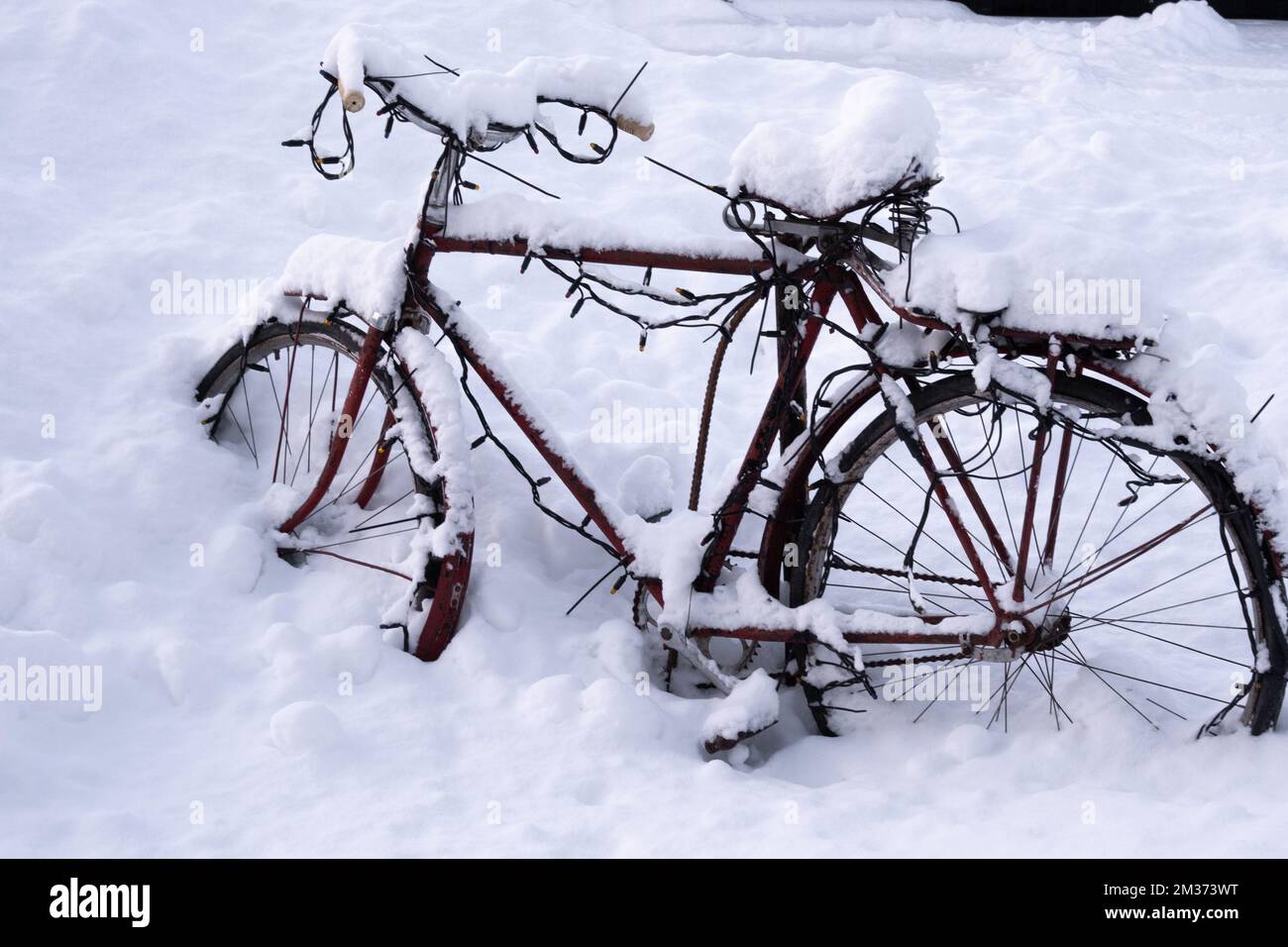 Bike in the snow on the street. The bike is decorated for the New Year ...
