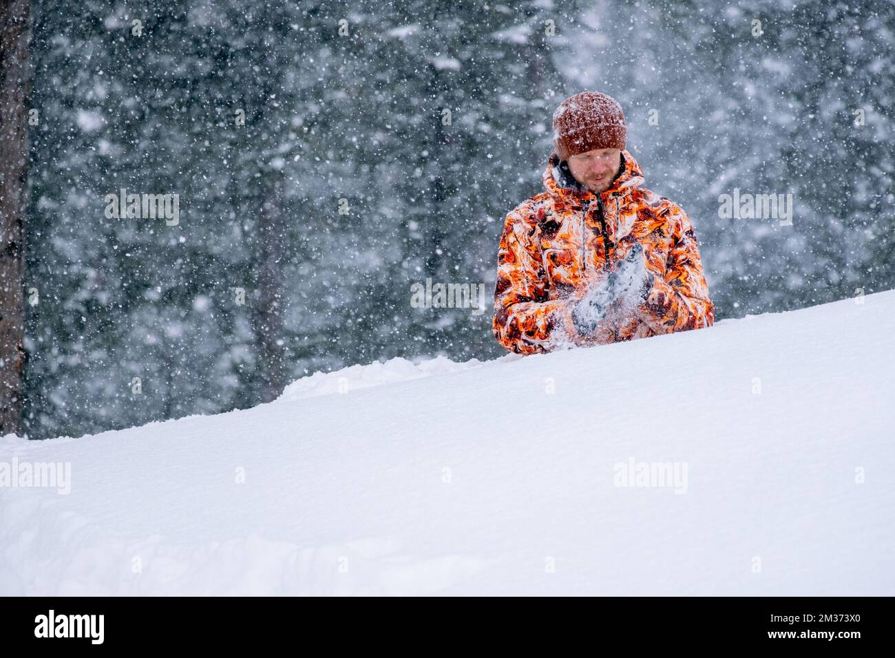 A man is drowning in snowdrifts. Snowstorm in the middle of the forest ...