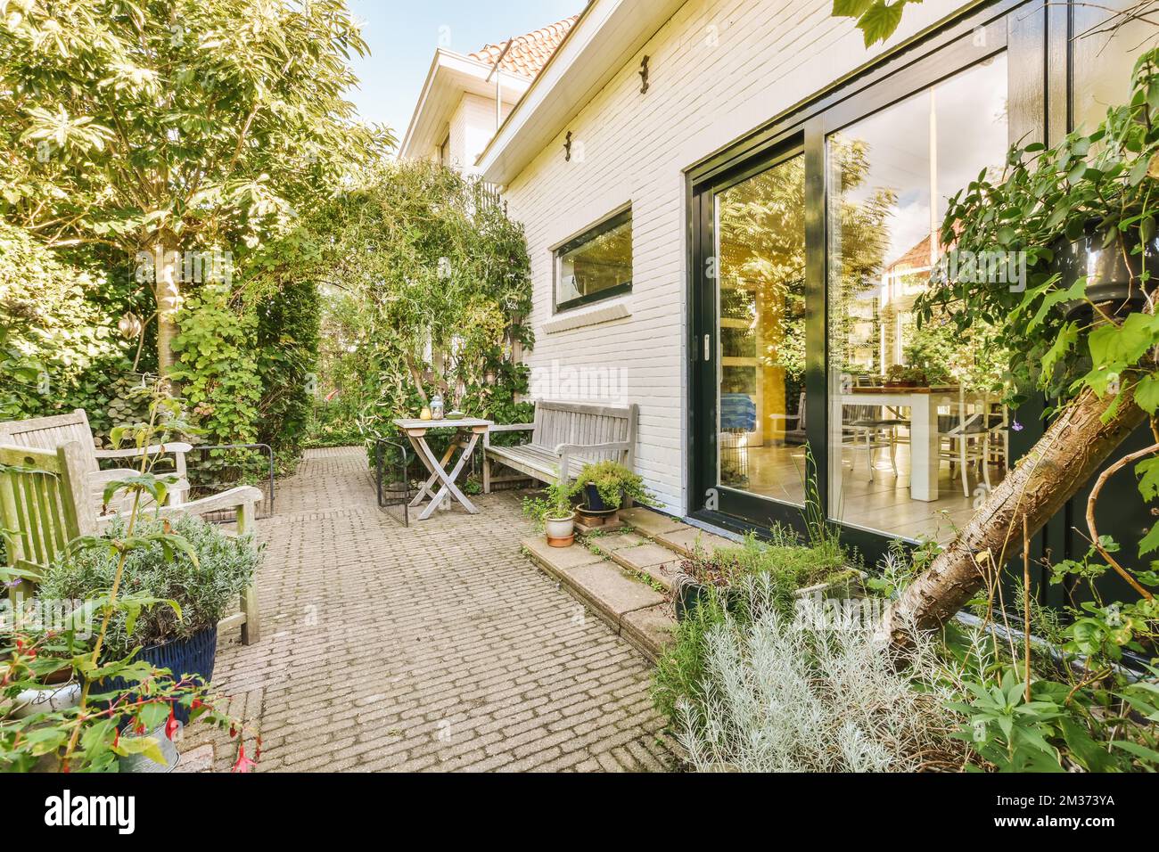 a patio with lots of plants and pots on the brick path leading to the ...