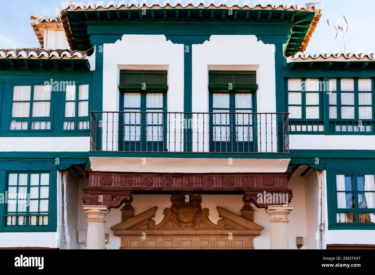 Architecture detail. Plaza Mayor, Main square, in Almagro, Ciudad Real ...
