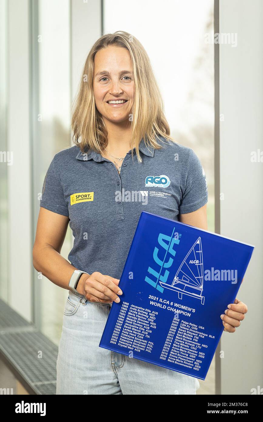 Belgian Sailor Emma Plasschaert poses for the photographer after a ...