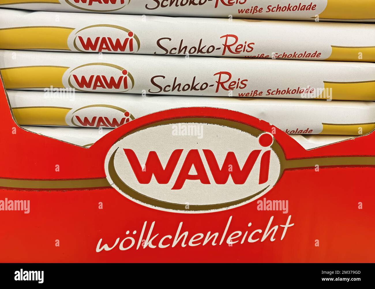 Viersen, Germany - December 9. 2022: Closeup of packs Wawi puffed rice ...