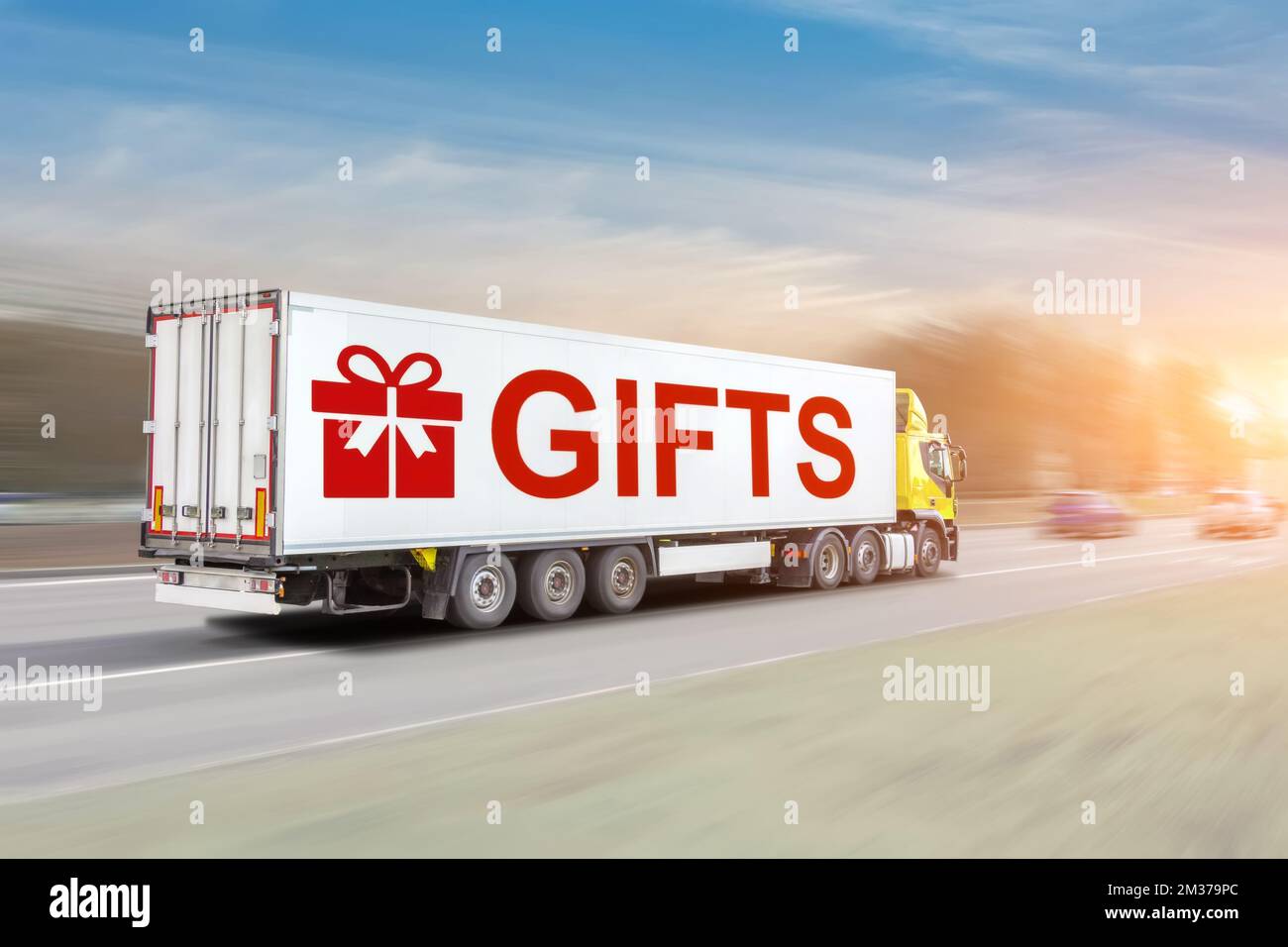 Trailer truck with container with symbol of gifts inscription rushes ...